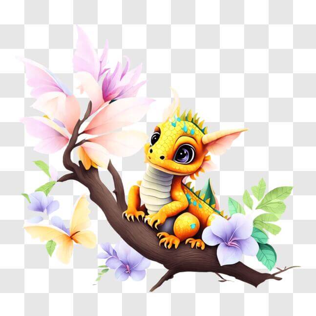 Download Adorable Orange Dragon on a Flowering Branch with Butterflies ...