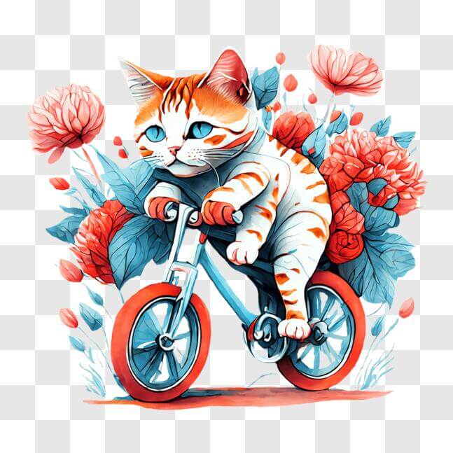Download Cat Riding Bicycle Surrounded by Pink Flowers PNGs Online ...