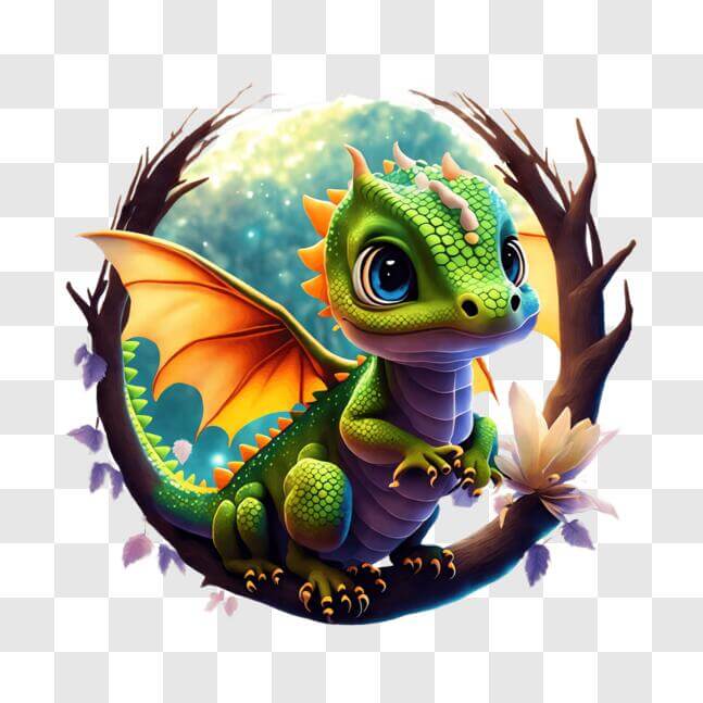 Download Small Green Dragon Resting on Tree Branch with Flowers PNGs ...
