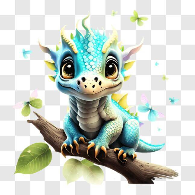 Download Small Blue Dragon Sitting on Oak Tree Branch with Butterflies ...