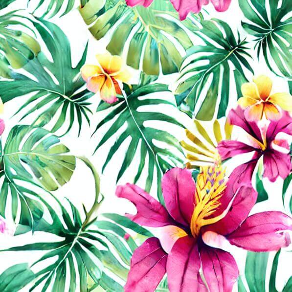 Download Seamless Tropical Pattern with Flowers, Leaves, and Palm Trees ...