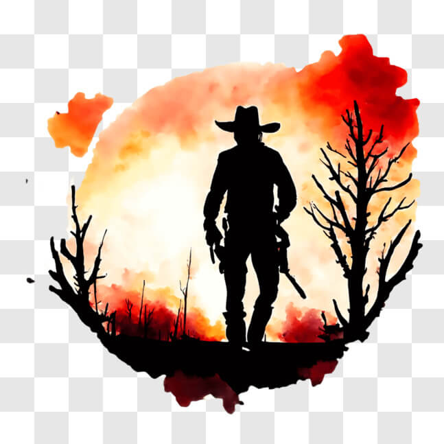 Download Silhouette of an Old West Cowboy with Sunset Background PNGs ...