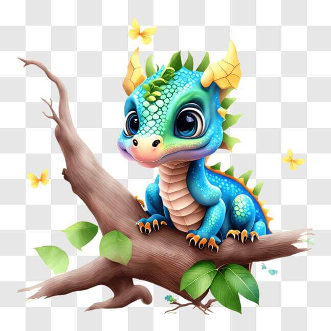 Download Cute Blue Dragon on Oak Tree Branch with Butterflies PNGs ...