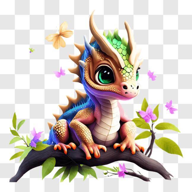 Download Cute Baby Dragon Sitting on a Branch with Butterflies and ...