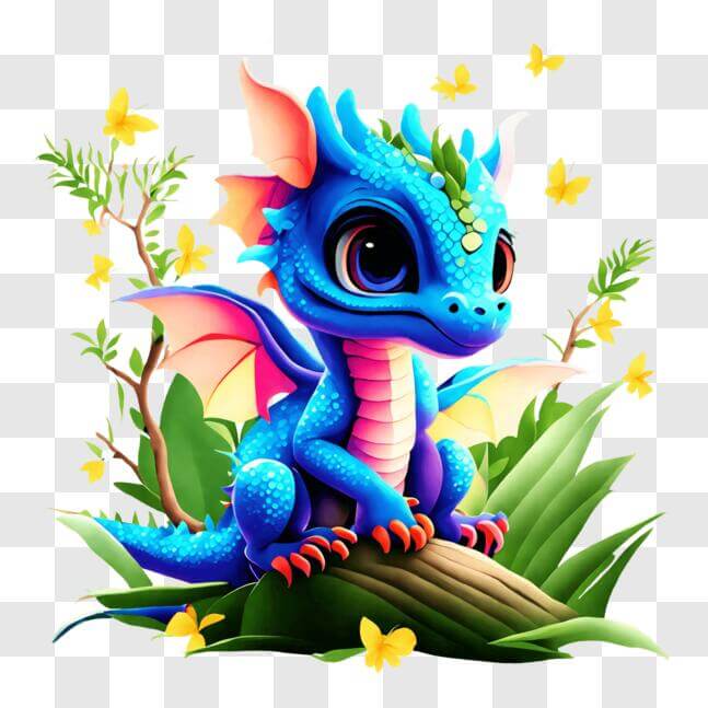 Download Small Blue Dragon with Plants and Butterflies PNGs Online ...