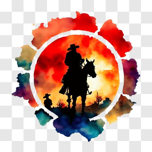 Download Cowboys riding horses in a colorful western landscape PNGs ...