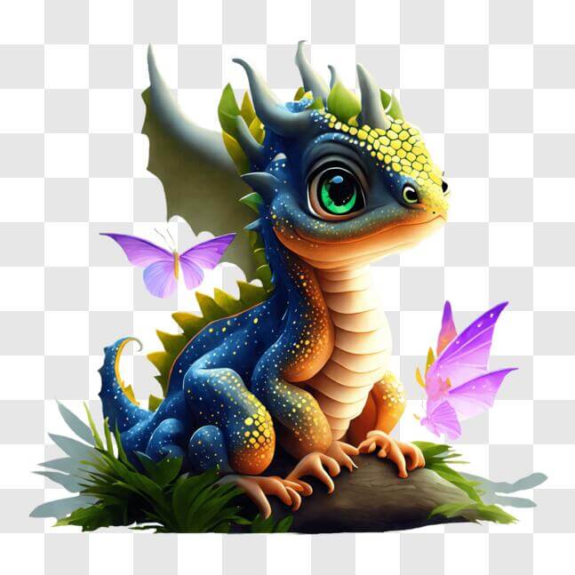 Download Blue Dragon on Grass with Butterflies PNGs Online - Creative ...