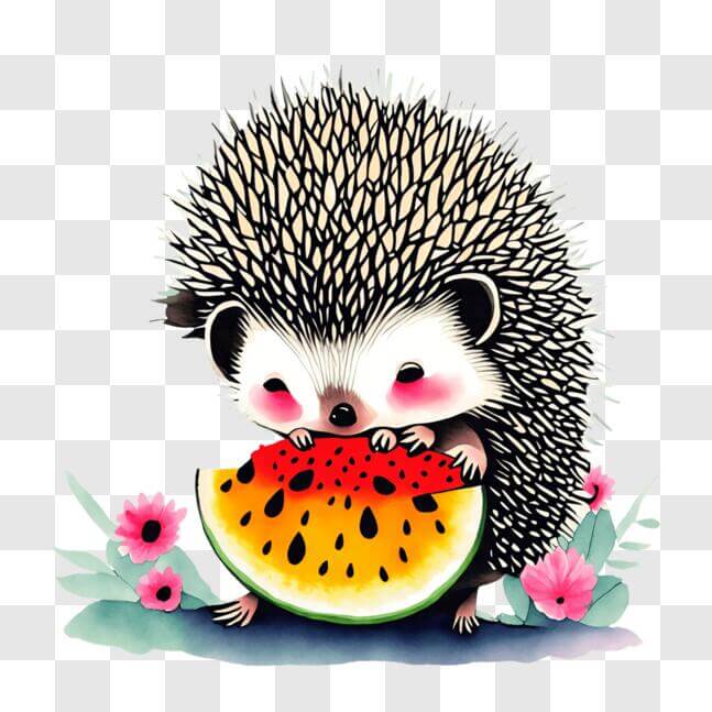 Download Cute Hedgehog Eating Watermelon with Flowers in Background ...