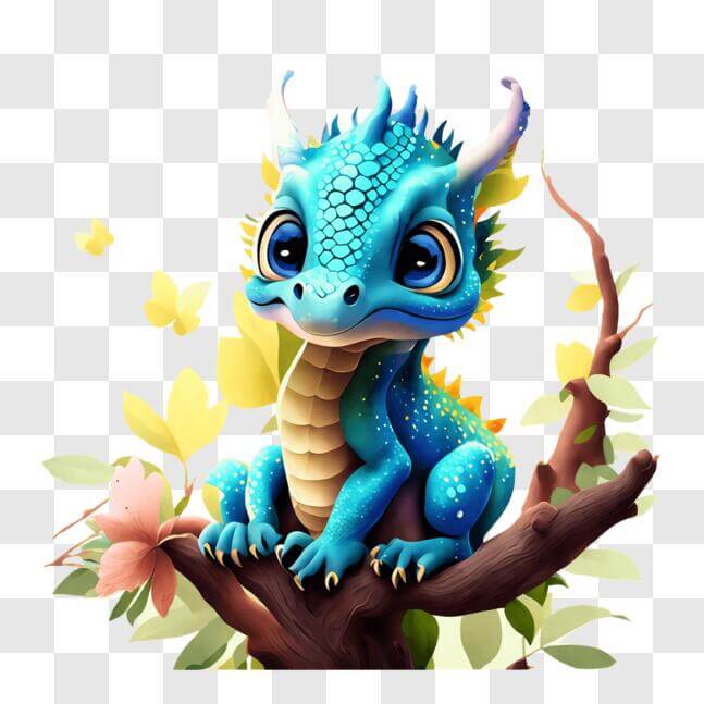 Download Small Blue Dragon on Oak Tree Branch with Butterflies PNGs ...