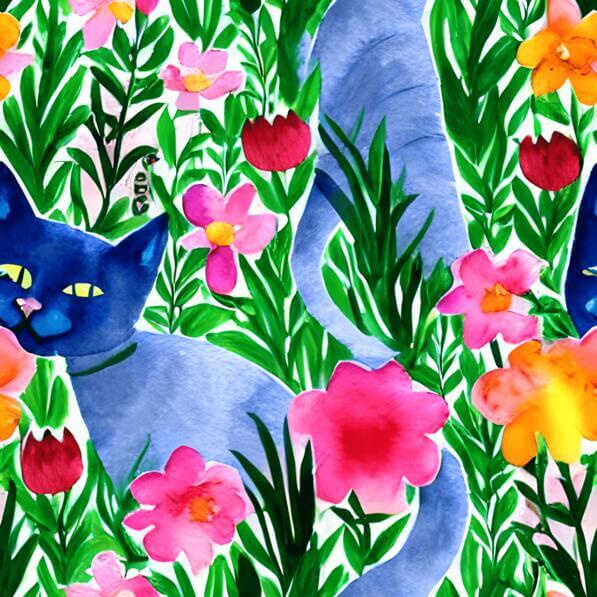 Download Two Blue Cats Surrounded by Flowers and Greenery Patterns ...
