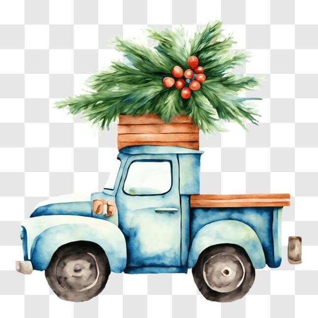 Download Blue Truck with Christmas Tree Watercolor Painting PNGs Online ...