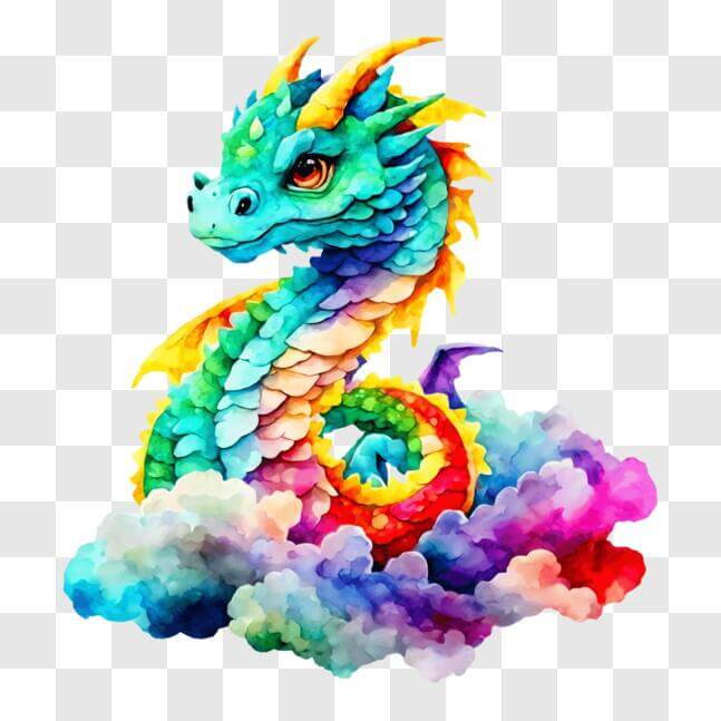 Download Colorful Dragon Sitting on Clouds PNGs Online - Creative Fabrica