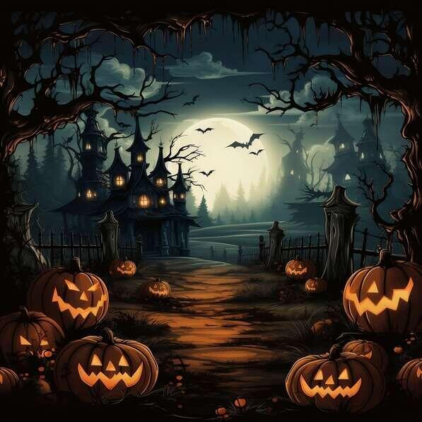 Download Halloween Scene with Pumpkins and Old House Backgrounds Online ...