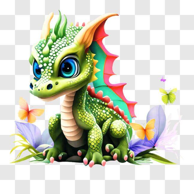Download Small Green Dragon with Blue Eyes on Flowers and Butterflies ...