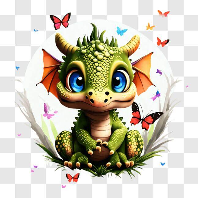 Download Cute Green Dragon on Grass with Butterflies PNGs Online ...
