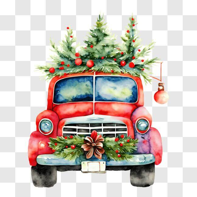Download Rustic Red Truck with Christmas Tree Decorations PNGs Online ...