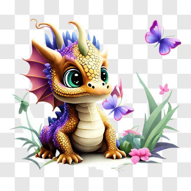 Download Cute Baby Dragon in Grass with Flowers and Butterflies PNGs ...