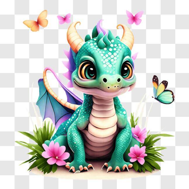 Download Small Blue Dragon in Grass with Butterflies and Flowers PNGs ...