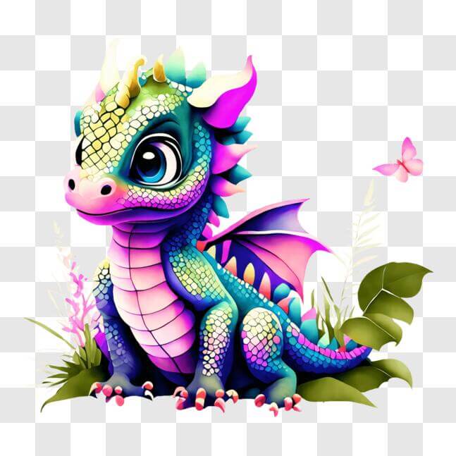 Download Colorful Dragon Sitting in Grass with Butterflies and Flowers ...