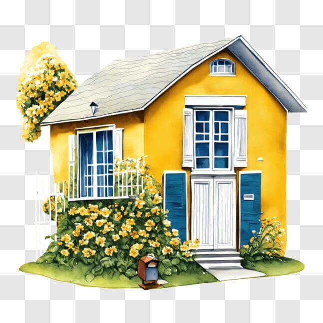 Download Yellow House with White Shutters and Flowers PNGs Online ...