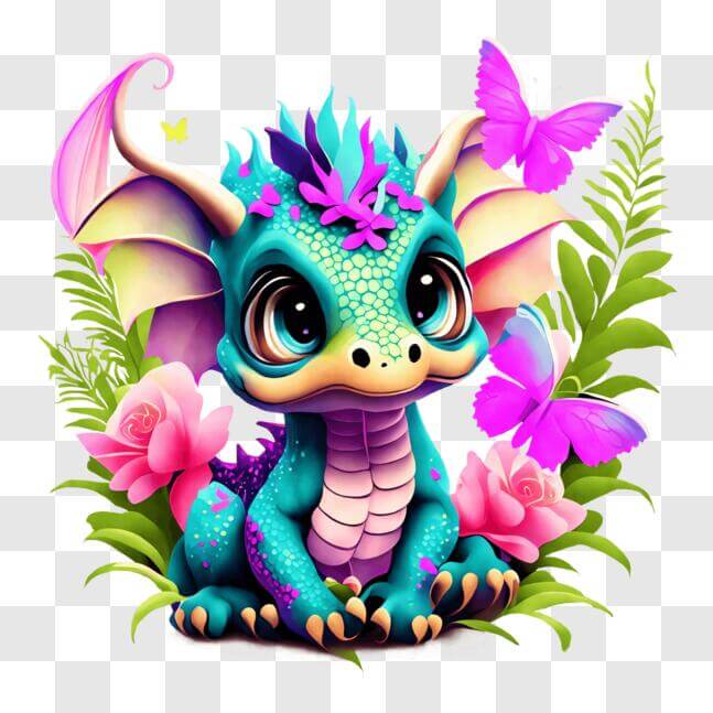 Download Cute Blue Dragon in a Flower Garden with Butterflies PNGs ...