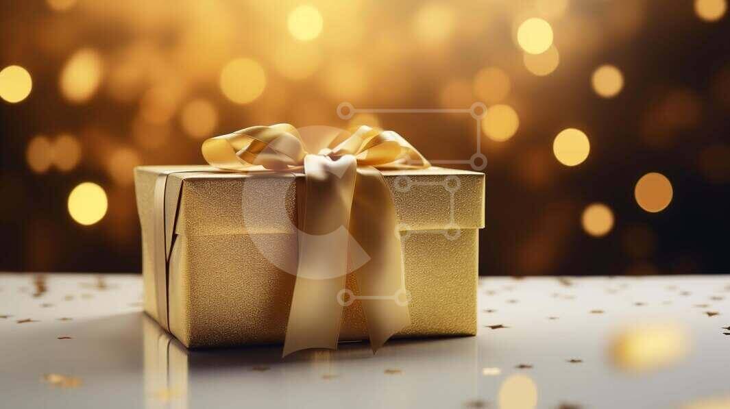 Elegant Gold Gift Box on Decorated Table stock photo | Creative Fabrica