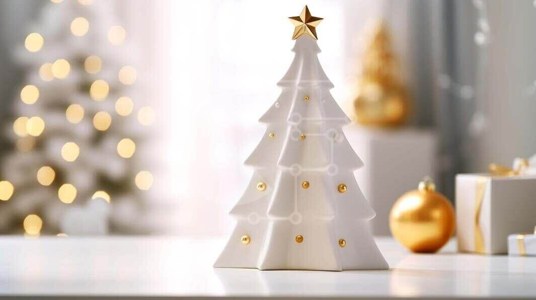 Festive White Ceramic Christmas Tree with Gold Decorations stock photo ...