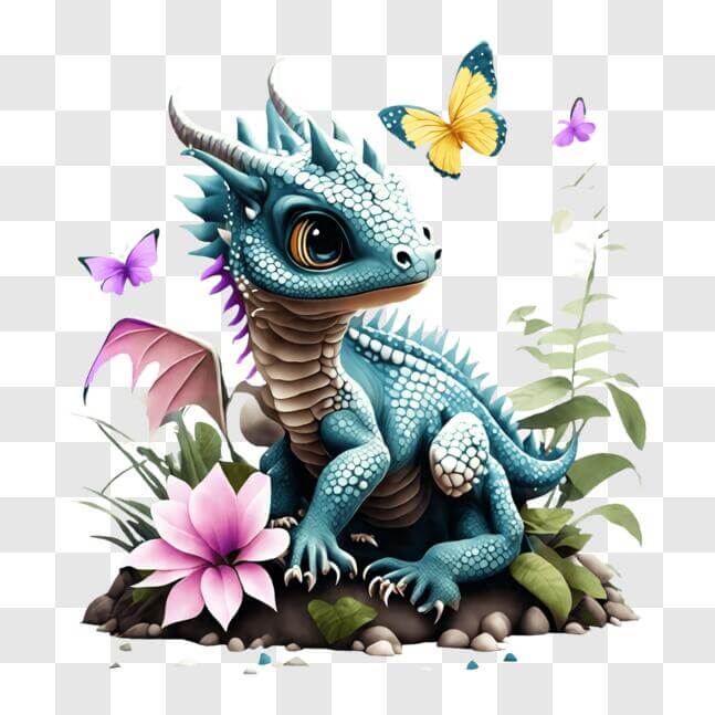 Download Illustration of a Blue Dragon on Flowers and Butterflies PNGs ...