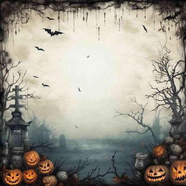 Download Spooky Halloween scene with pumpkins, bats, and mist ...