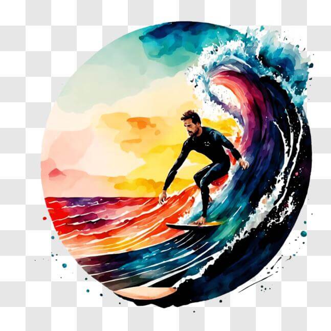 Download Surfer riding waves on a colorful surfboard PNGs Online ...
