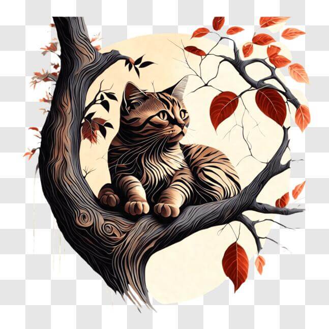 Download Cat Sitting in a Tree Branch with Leaves PNGs Online ...