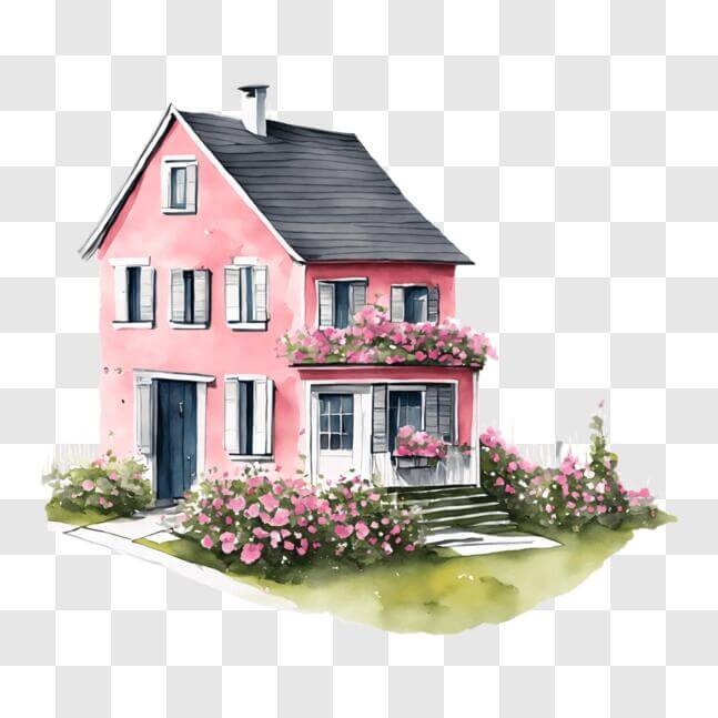 Download Colorful Pink House with Flowers PNGs Online - Creative Fabrica