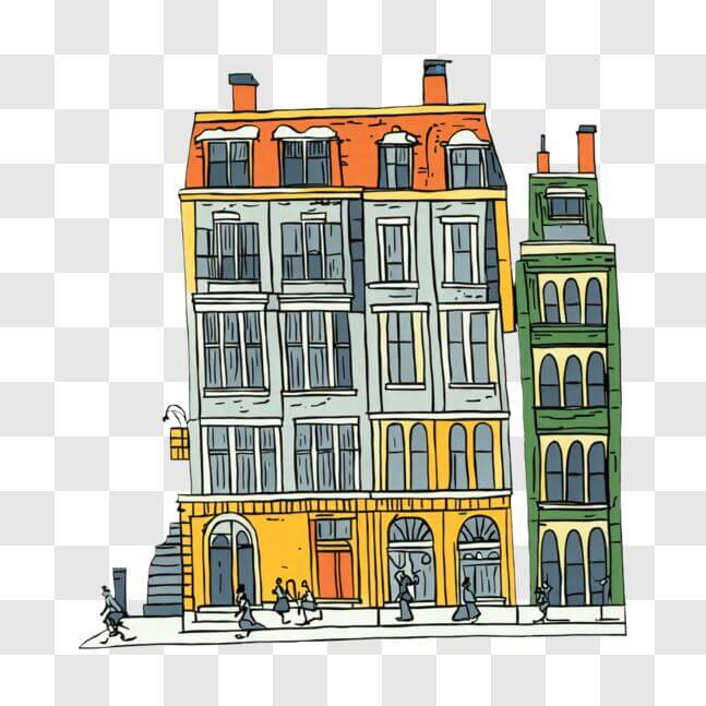 Download Colorful Building Drawing with People Walking PNG Online ...