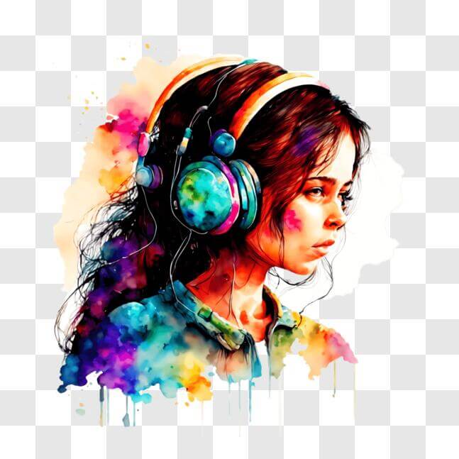 Download Girl Listening to Music with Colorful Abstract Background PNGs ...