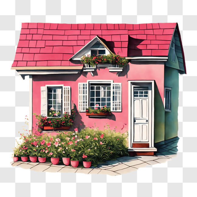 Download Small Pink House with Potted Flowers PNGs Online - Creative ...