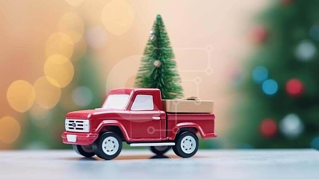Festive Red Toy Truck with Christmas Tree stock photo | Creative Fabrica