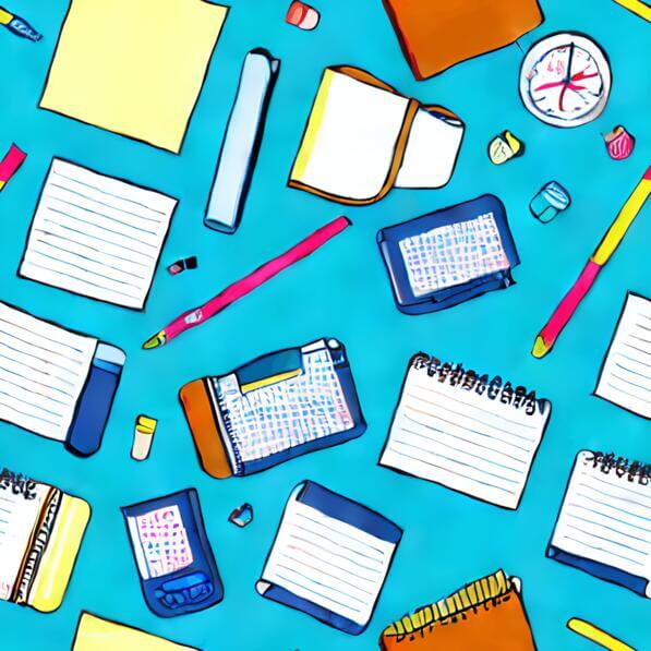 Download Colorful School Supplies Drawing with Clock Patterns Online ...