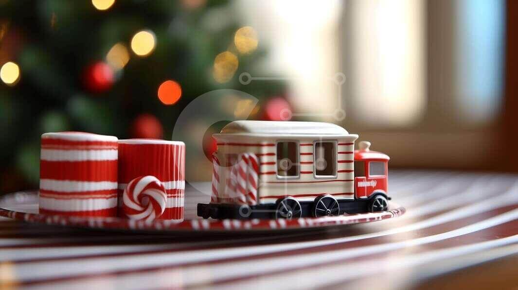 Festive Toy Train and Candy Canes on a Table stock photo | Creative Fabrica