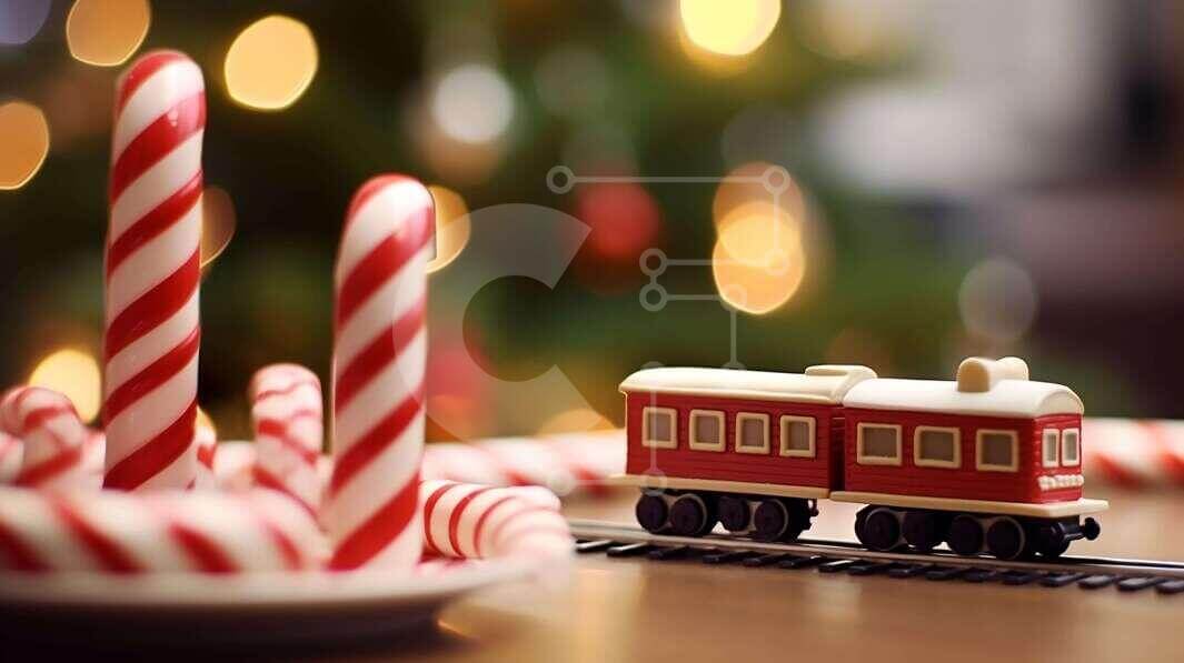 Toy Train and Candy Canes on Tracks stock photo | Creative Fabrica