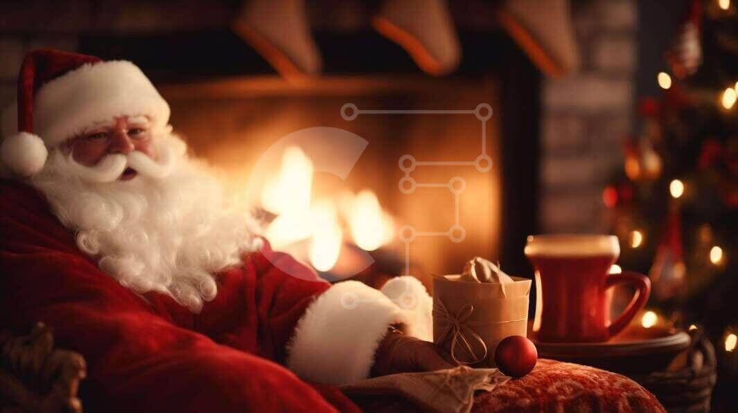 Santa Claus Relaxing by the Fire with Christmas Decorations stock photo ...