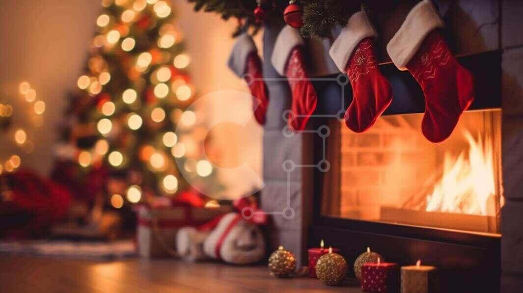 Cozy Fireplace with Christmas Decorations stock photo | Creative Fabrica