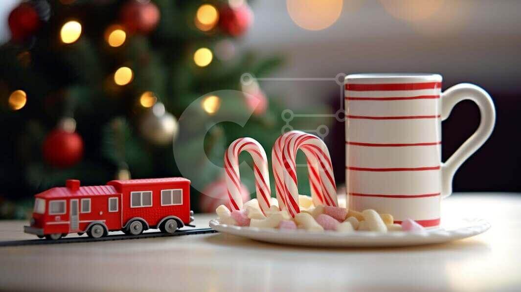 Festive Holiday Scene with Train, Candy Canes, and Christmas Tree stock ...