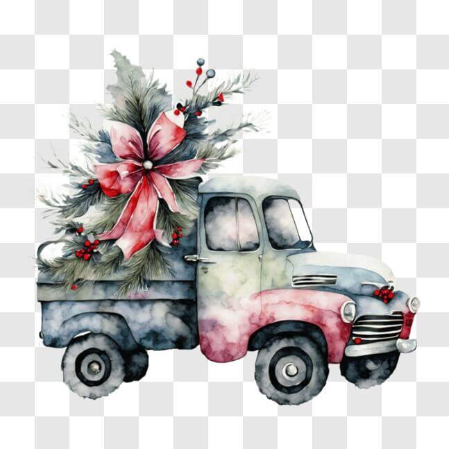 Download Old Truck with Christmas Tree in Watercolor Painting PNGs ...