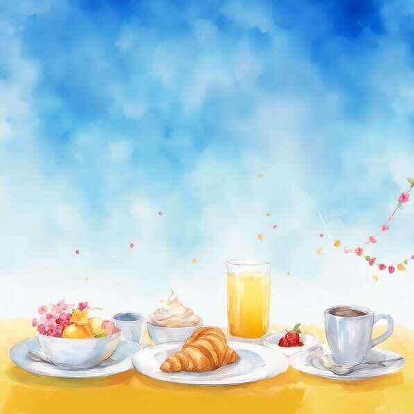 Download Breakfast Table with Plates, Cups, and Croissants Backgrounds ...