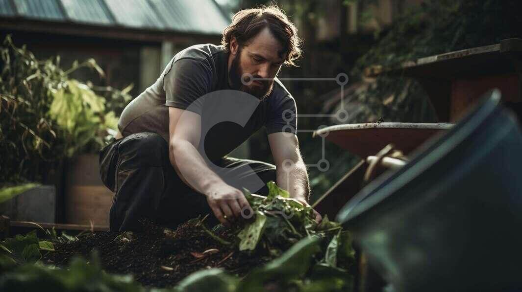 Man cultivating plants in backyard garden stock photo | Creative Fabrica