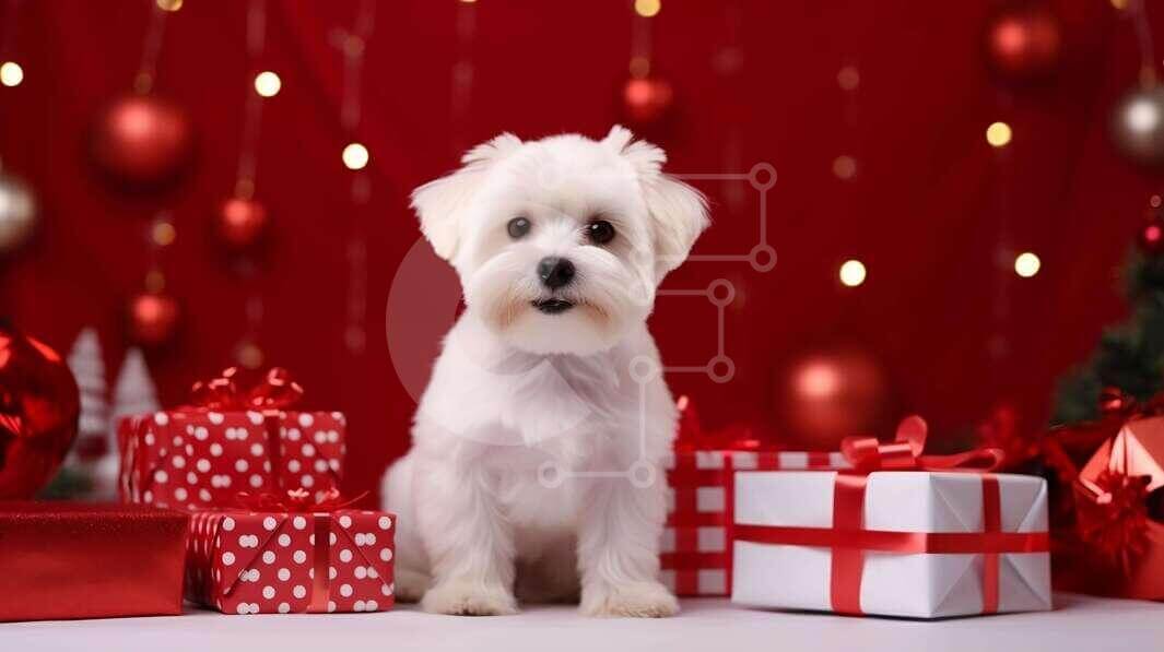 Festive White Dog Sitting with Presents and Christmas Tree stock photo ...