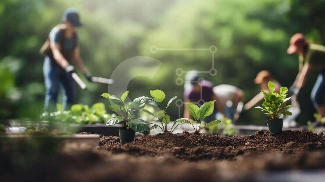 Collaborative Planting in a Garden stock photo | Creative Fabrica