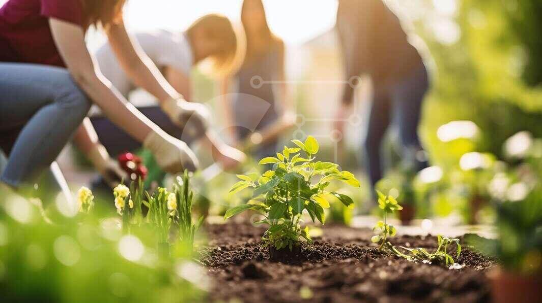 Community gardening project: planting new plants in a garden stock ...