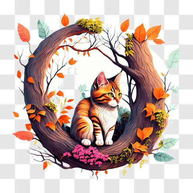 Download Cat sitting on a tree branch covered in autumn leaves PNGs ...