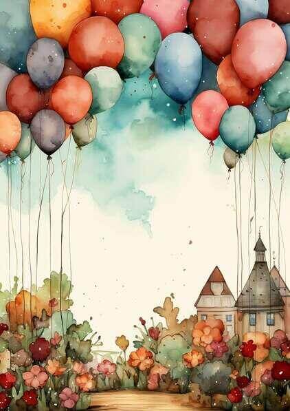 Download Colorful Balloons Painting with Houses and Flowers Backgrounds ...